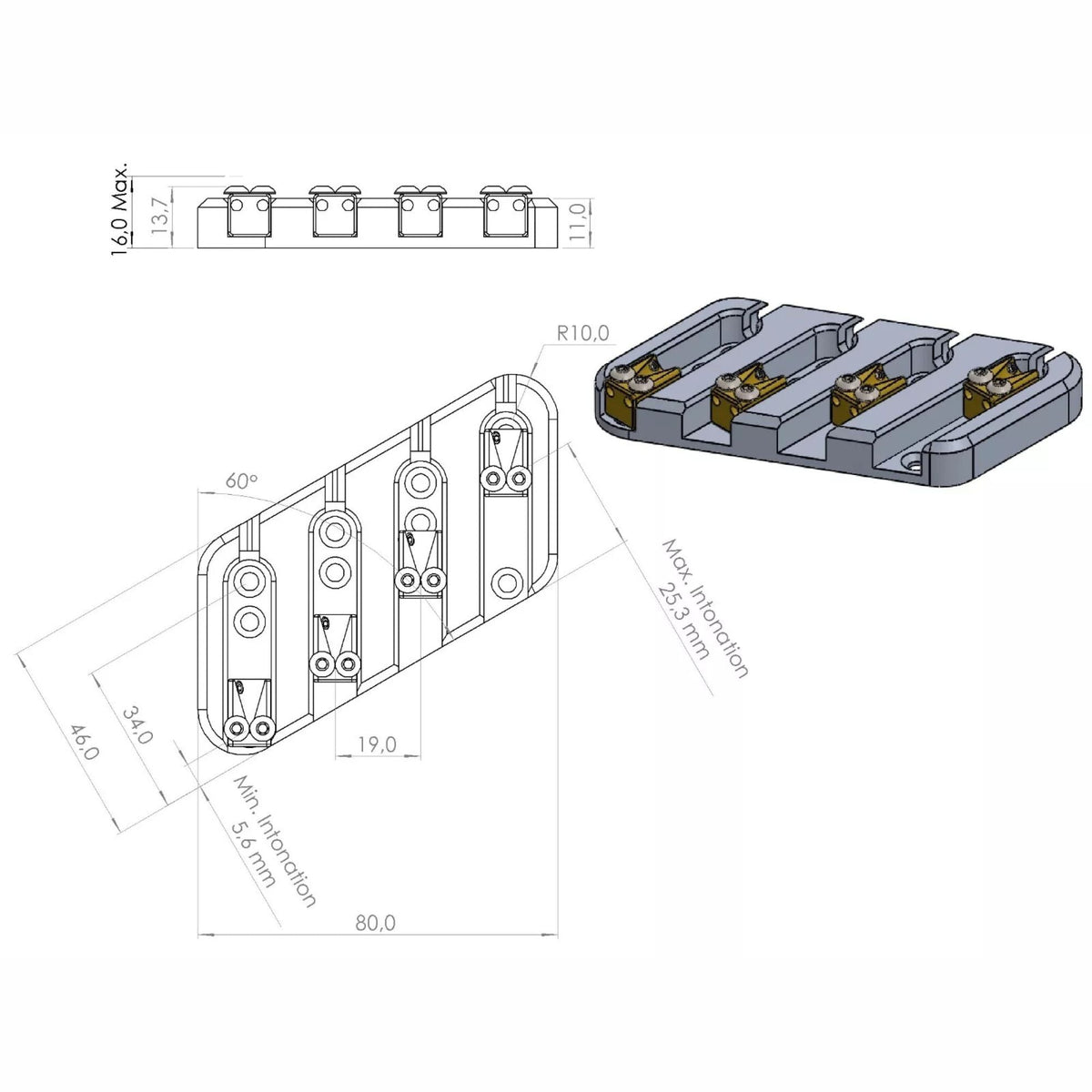 Nova Guitar Parts 4-String Multi-Scale Bass Bridge | Ploutone
