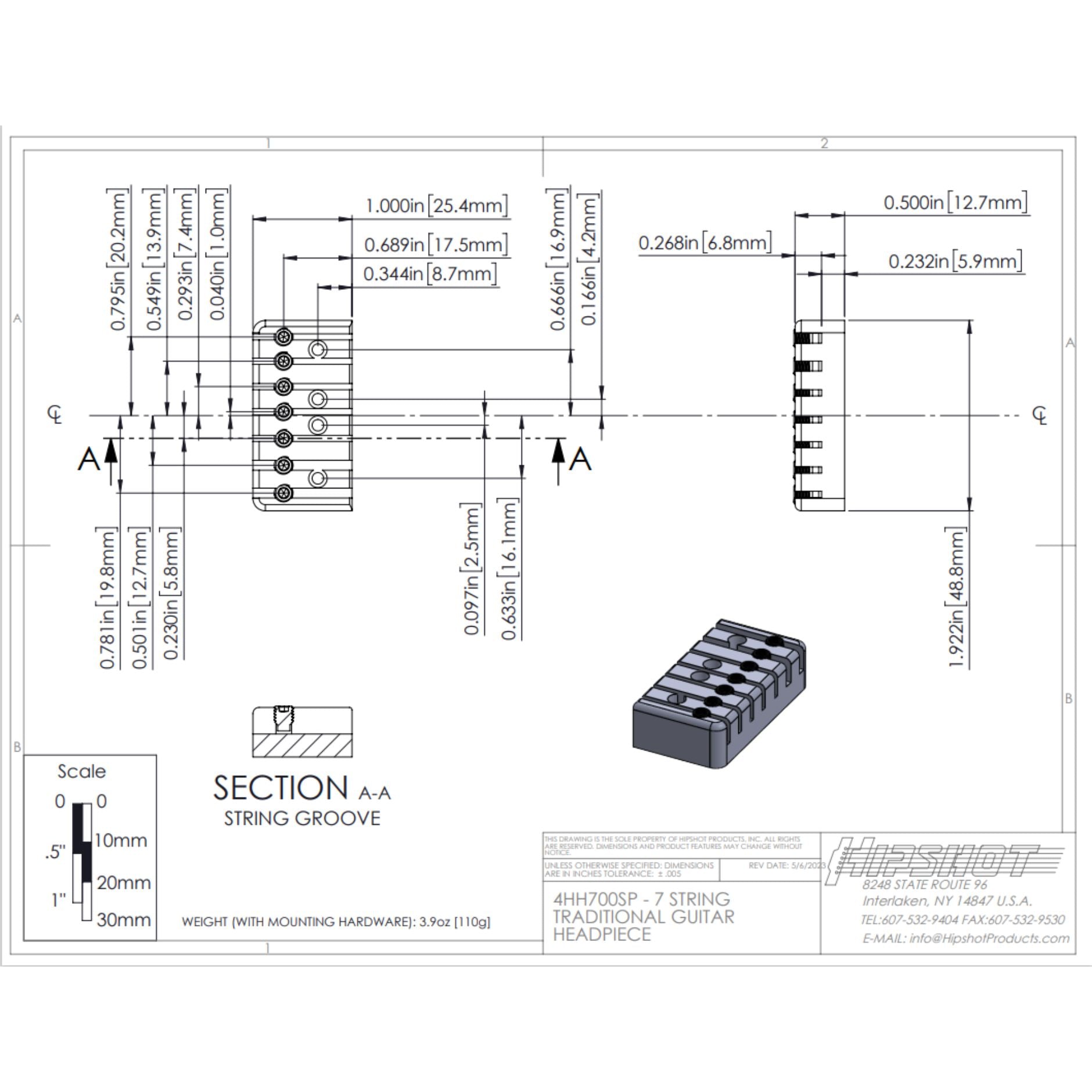 Hipshot 7-String Headless Fixed Bridge | Ploutone